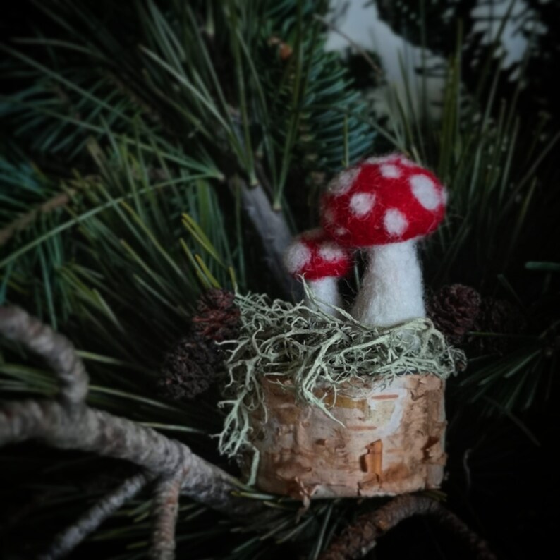 Needle Felted Toadstools on Birch Base With Lichens and Branches ...