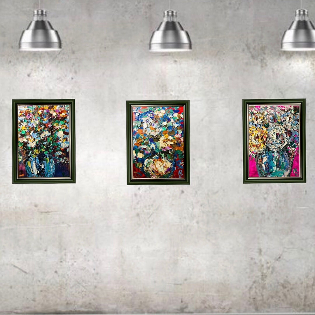 Triptych- Original Oil Painting on Canvas Boards,flowers in a Vase ...