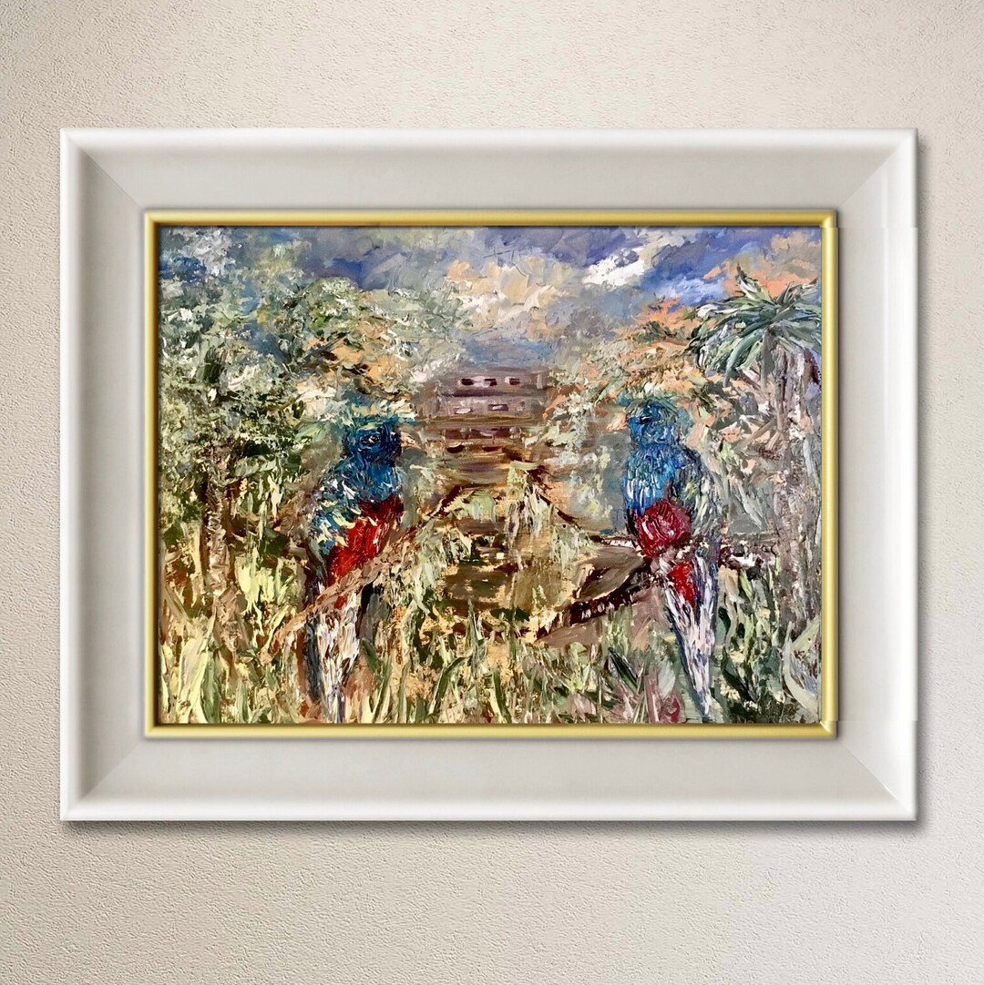 Quetzal Couple & Mayan Pyramid – Original Abstract Impasto Oil Painting ...
