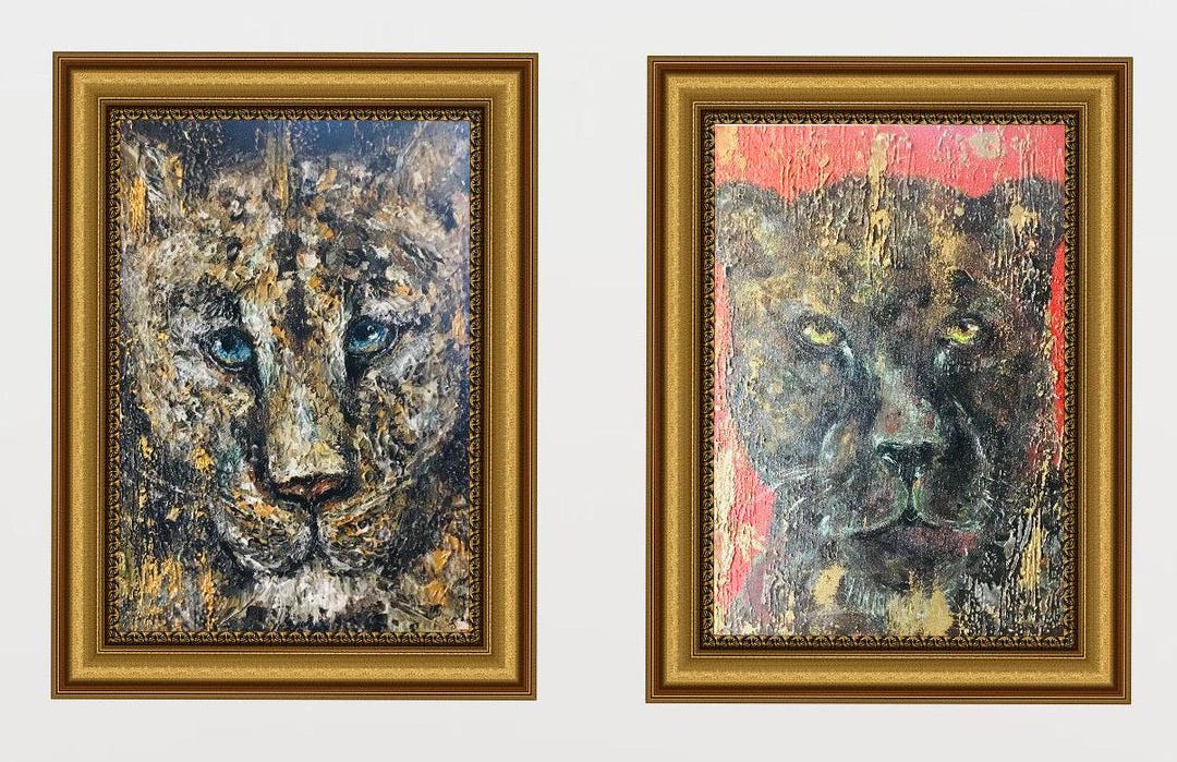 Pumas Paintings Dyptich ,black and White Puma Portraits, Original ...