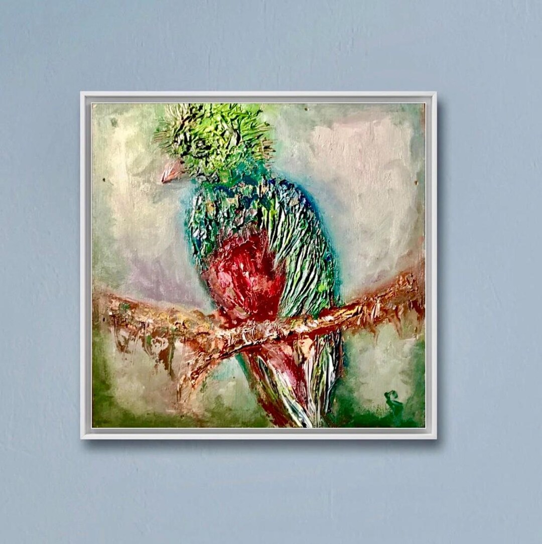 Quetzal Bird Oil Painting on Wooden Box - Original Impasto Art, 8x8 ...