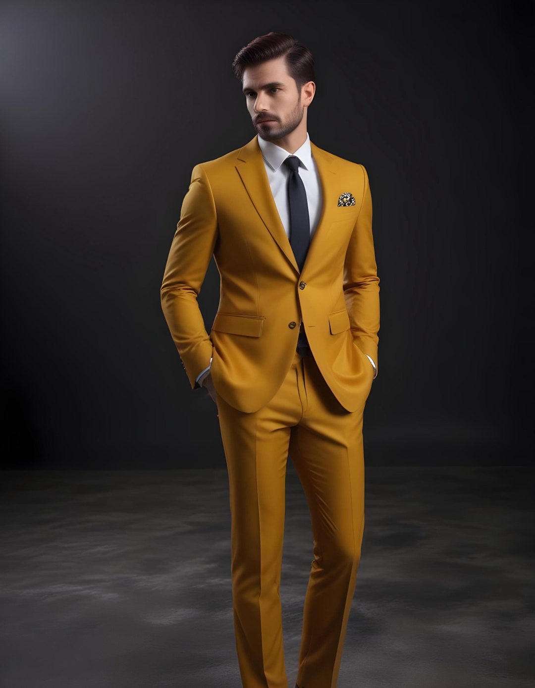 MEN 2 PIECE SUITS Wedding Wear Mustard Color Premium Cotton Blend Slim ...