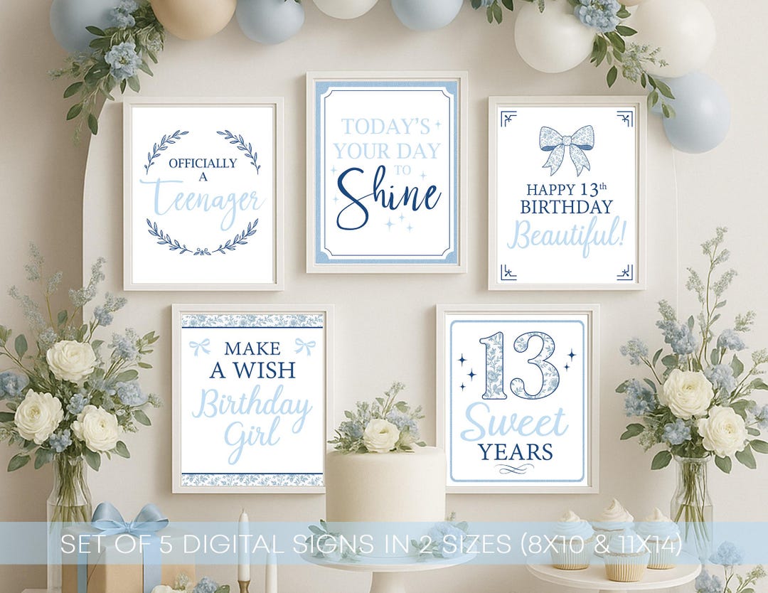 Girls 13th Birthday Party Decor: Blue Coquette Bow Printable Birthday ...