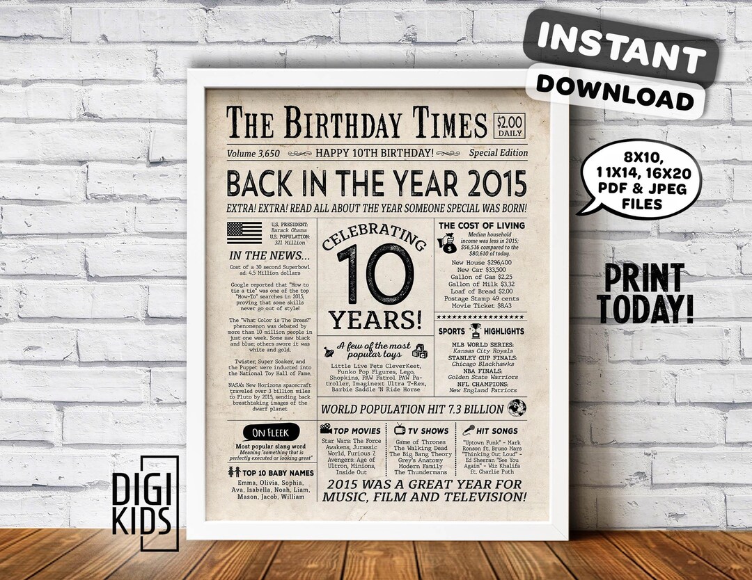 10th Birthday Decorations - 10th Birthday PRINTABLE Sign - Back in 2015 ...