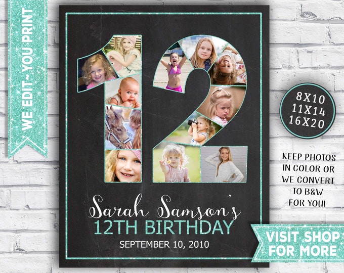 Number 12 Sign Printable 12th Birthday Girl Table Sign Hot Pink Purple ...