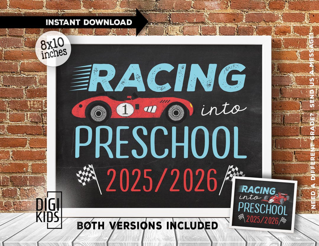 Preschool Sign 2025 - First Day of School Sign - Racing Into Preschool ...