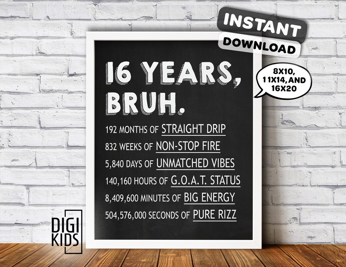 16th Birthday Sign - Boy's 16th Birthday Party Decorations - BRUH 16 ...