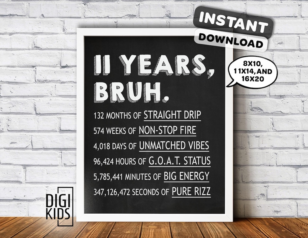 11th Birthday Sign - Boy's 11th Birthday Party Decorations - BRUH 11 ...