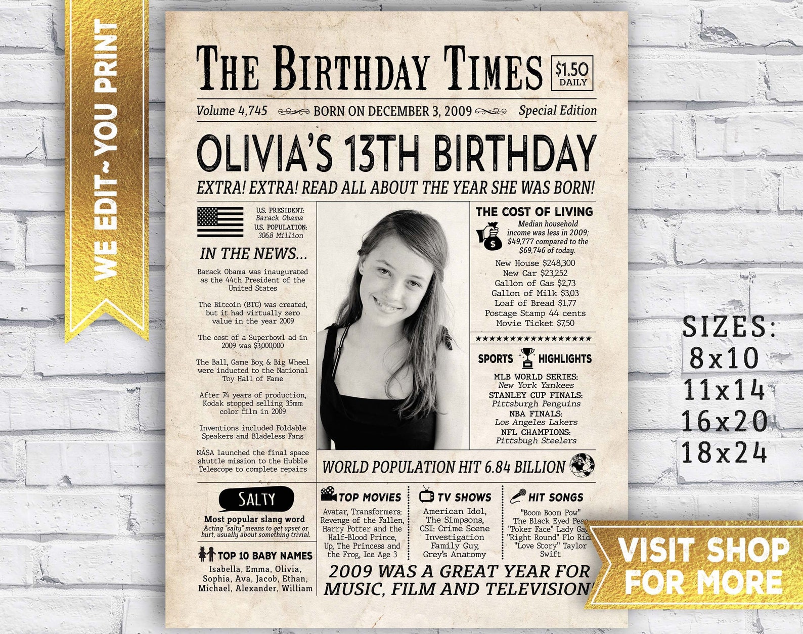 13th Birthday Girl Decorations Back in 2009 Poster Year | Etsy