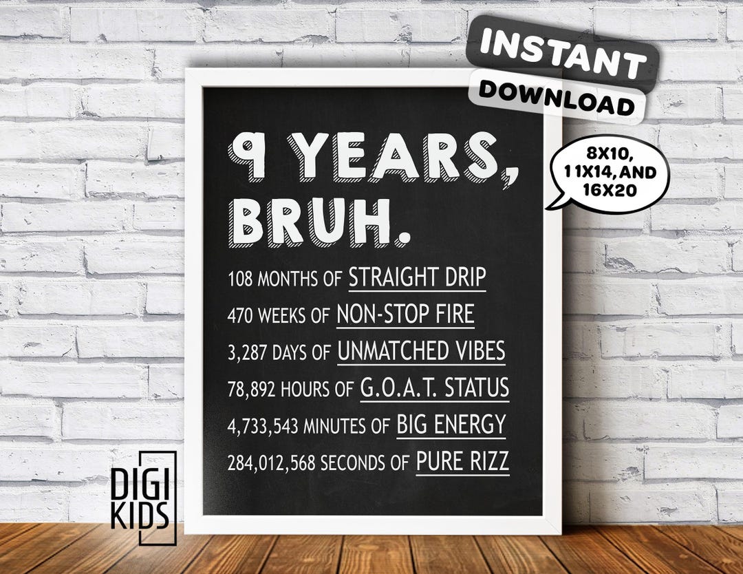 9th Birthday Sign - Boy's 9th Birthday Party Decorations - BRUH 9 Years ...