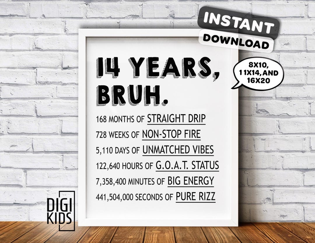 14th Birthday Sign - Boy's 14th Birthday Party Decorations - BRUH 14 ...