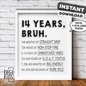 14th Birthday Sign - Boy's 14th Birthday Party Decorations - BRUH 14 ...