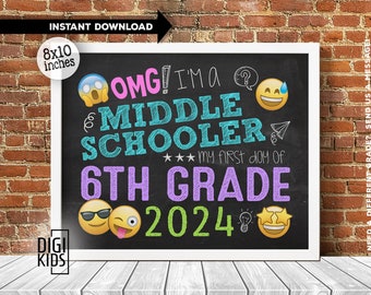 1st Day of Middle School Sign First Day of 6th Grade Sign 2024 Hello ...
