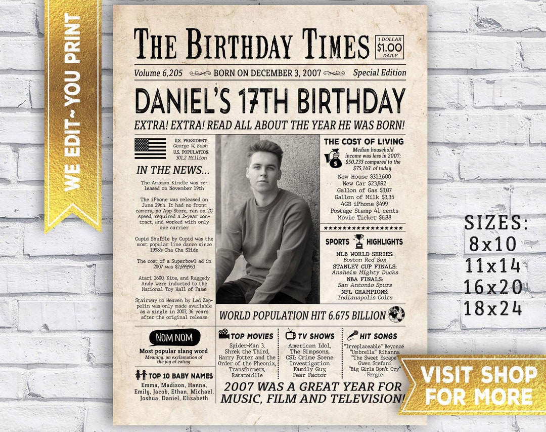 17th Birthday Boy Decorations - Back in 2007 Poster - Year You Were ...