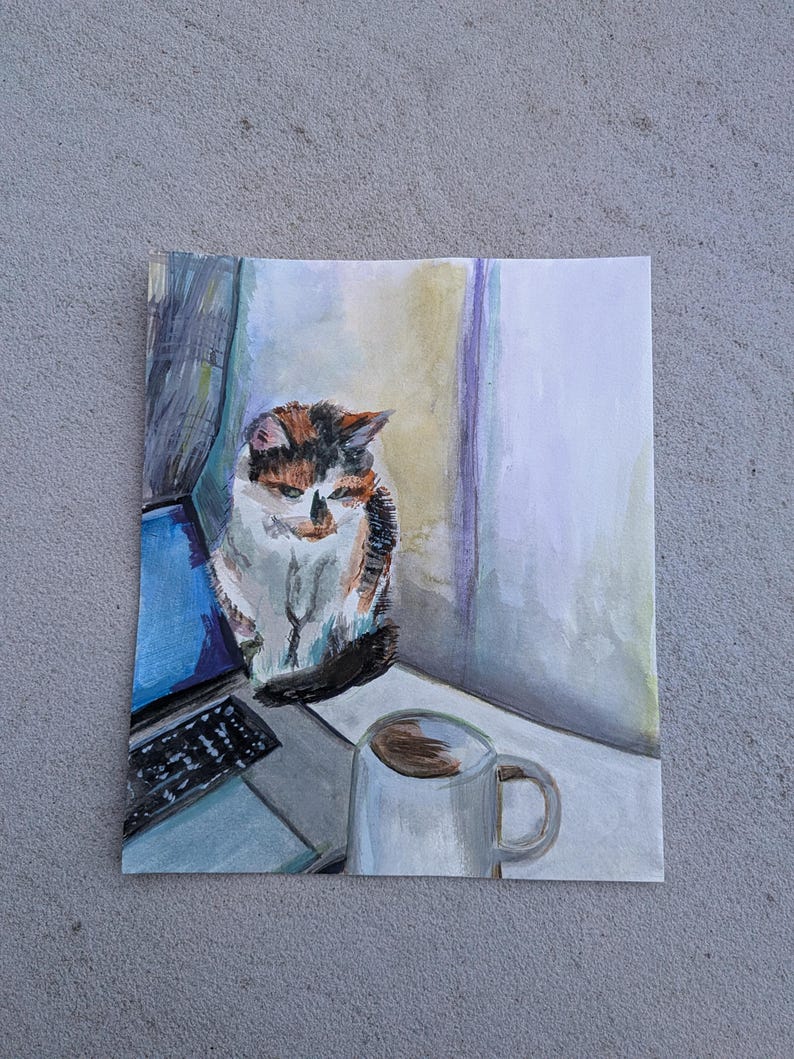Original Watercolour Cat and Coffee Art – Minimalist Cat Lover Decor - Etsy