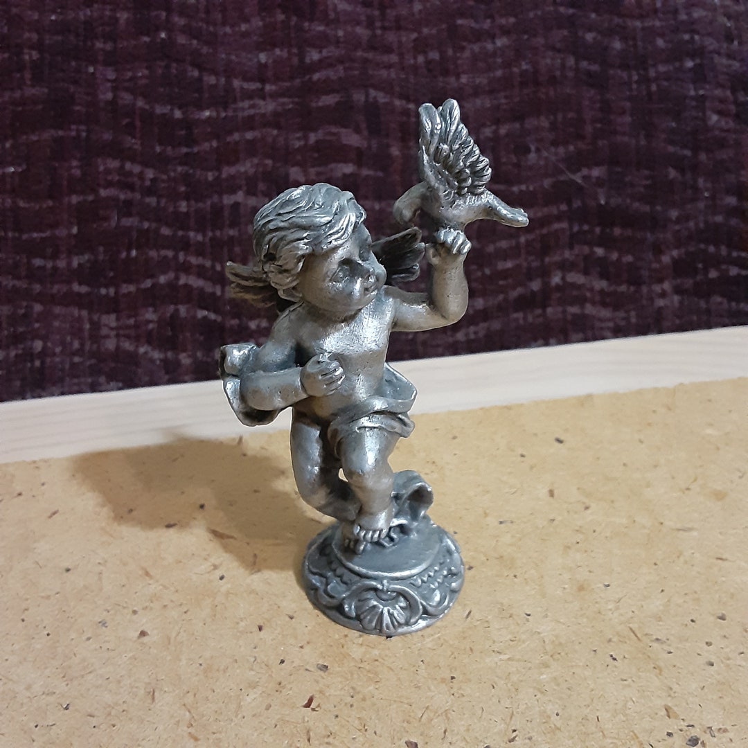 Vintage Pewter Angel Cherub With a Dove by SUN, Small Metal Cupid Putti ...