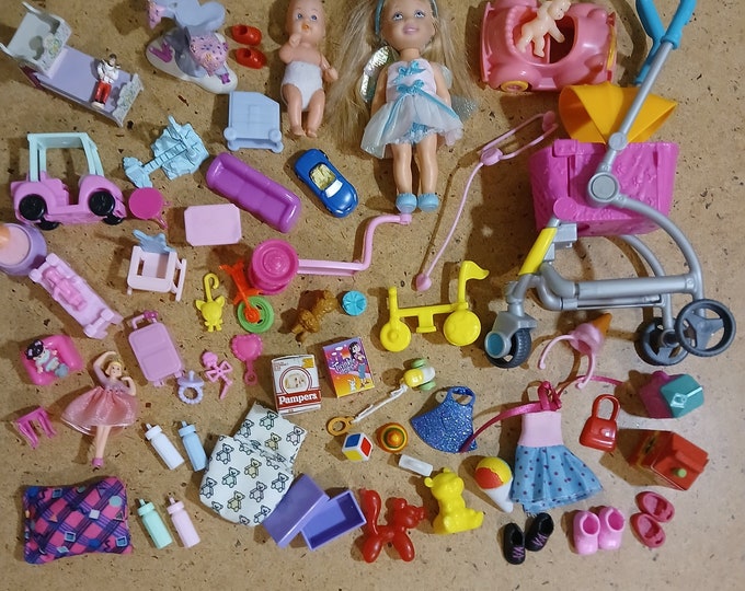 Barbie Sister and Baby Items, Miniature Diaper Box Shoes Stroller Dress ...