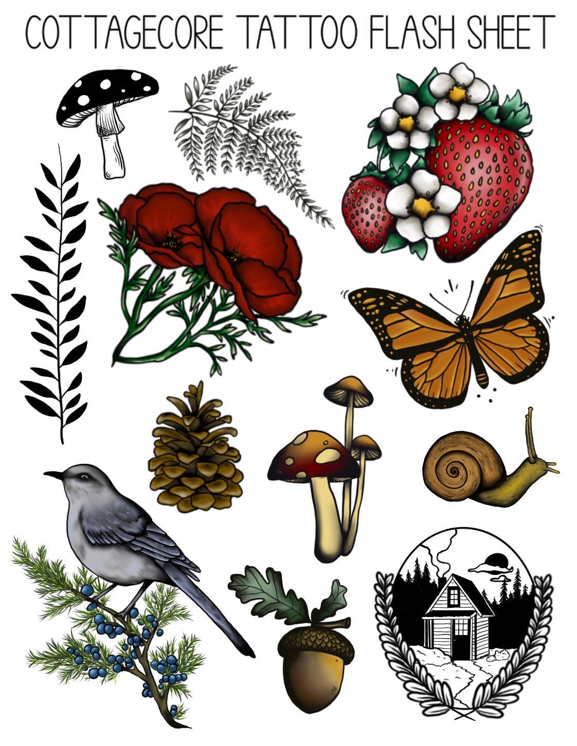 Cottagecore Temporary Tattoo Flash Sheet - Etsy Australia