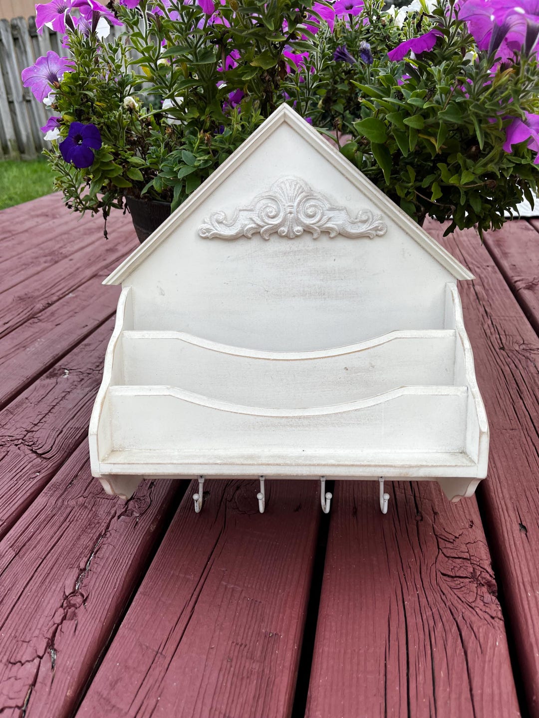 Vintage Mail Organizer and Key Hooks, White Mail Organizer, Wall Mail ...