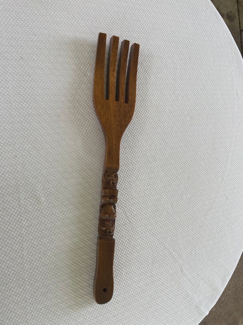 Vintage Large Wood Carved Totem Pole Fork MCM Vintage Wood | Etsy