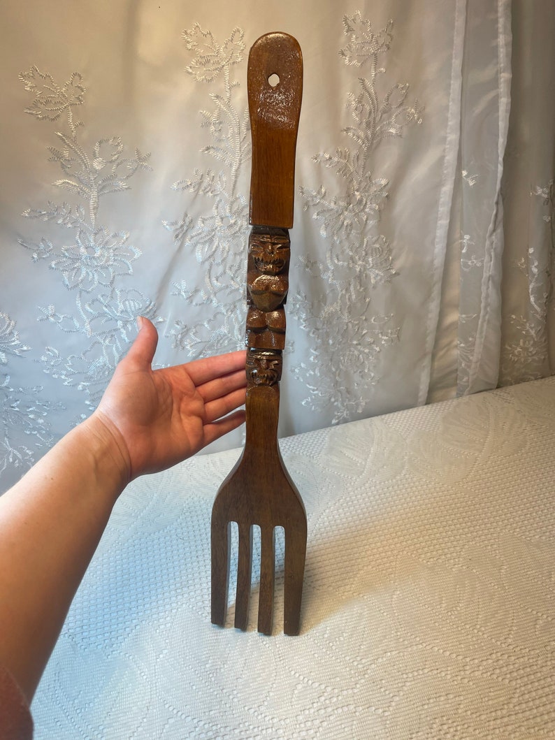 Vintage Large Wood Carved Totem Pole Fork MCM Vintage Wood - Etsy