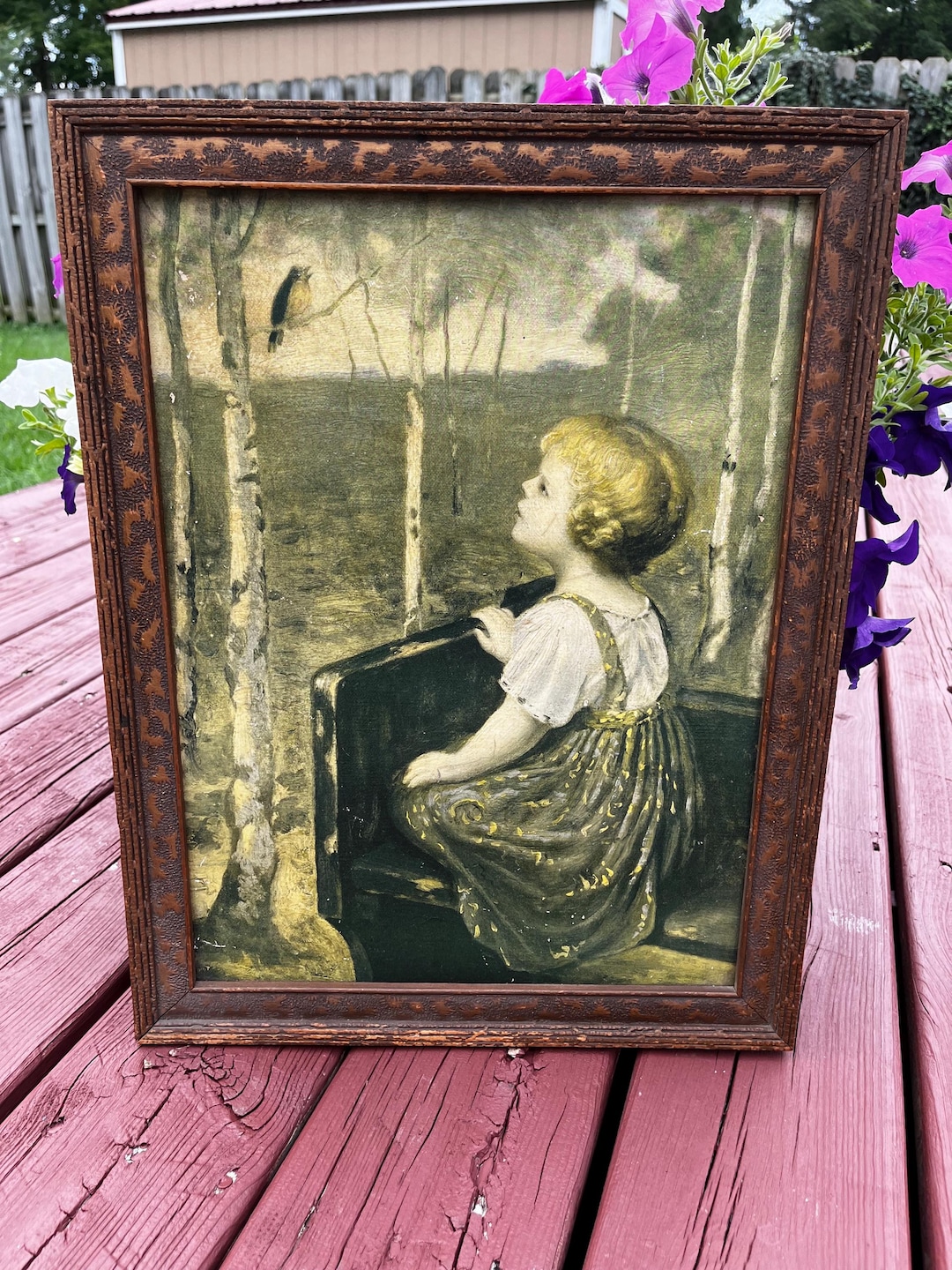 Vintage Framed Girl and Bird Art, Vintage Birds Decor, Birds, Birds Art ...