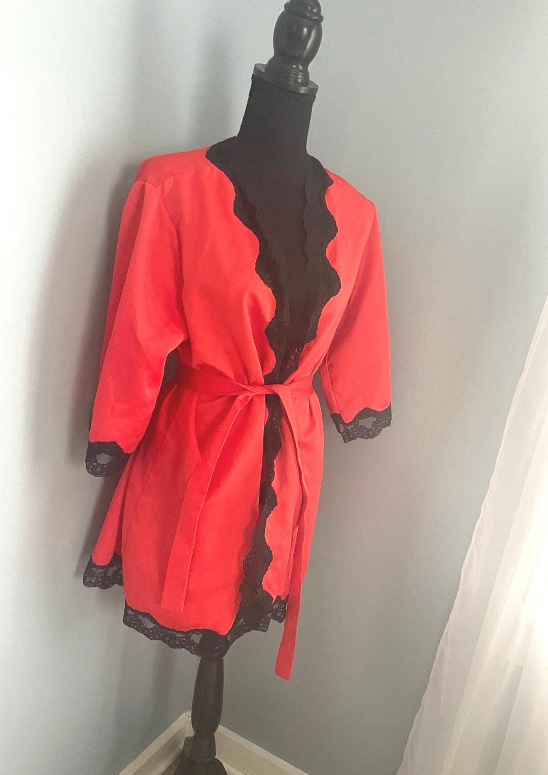 Vintage Red and Black Lace Lingerie Robe, Vintage Black Robes, Vintage ...