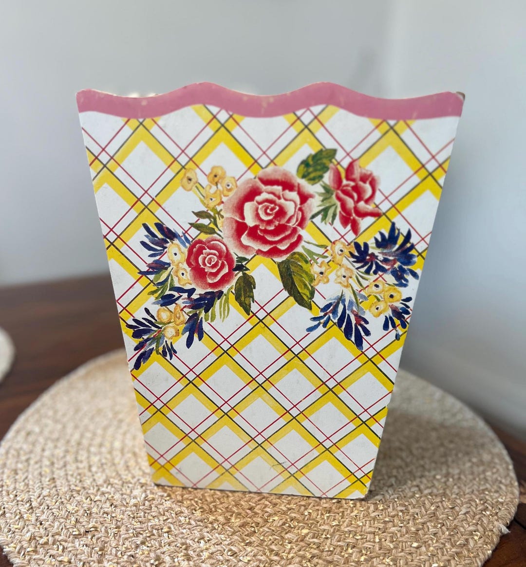 Vintage Floral Roses Wood Waste Basket, Vintage Wood Waste Baskets ...