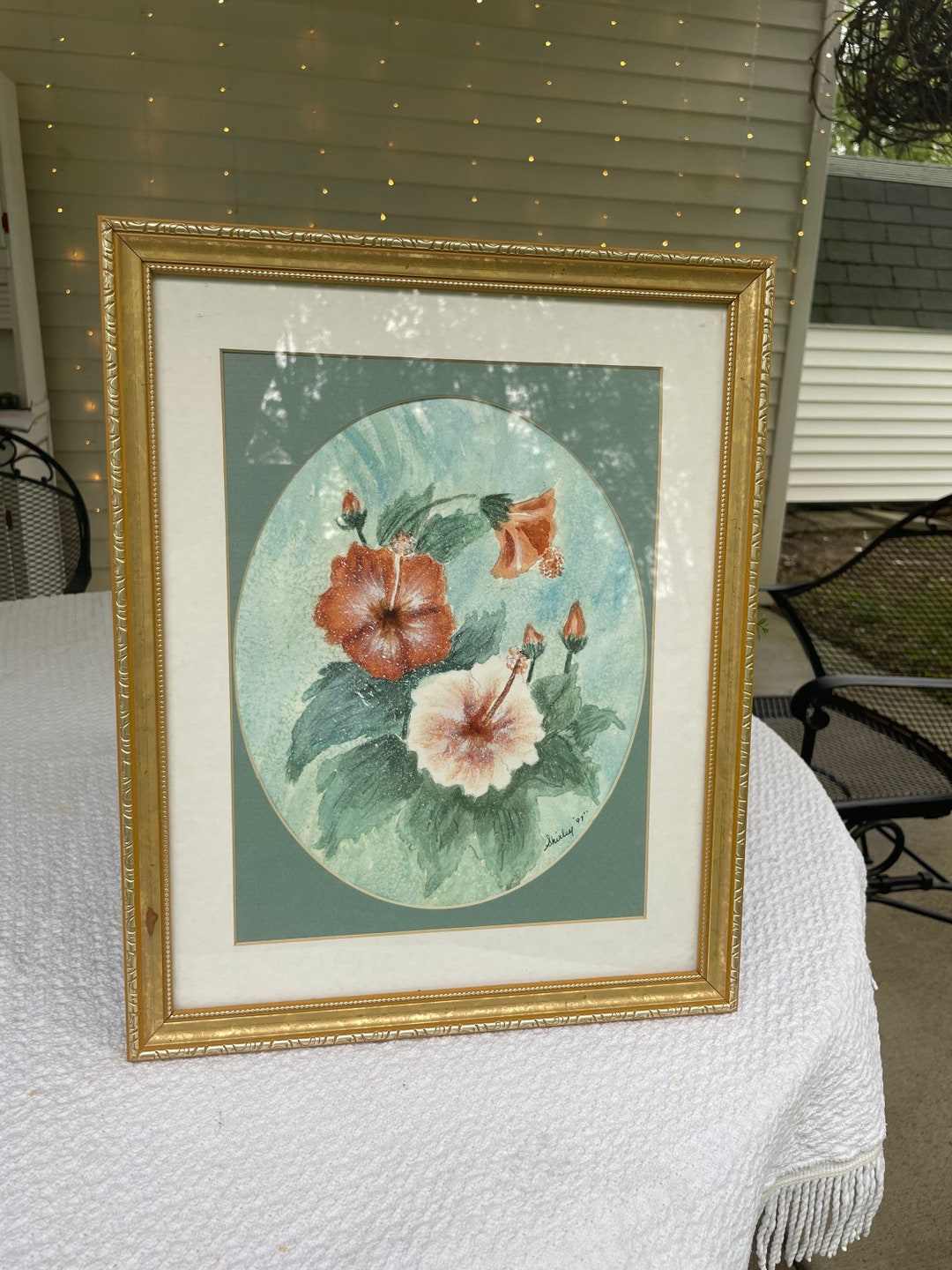 Vintage Pink Hibiscus Art , Vintage Gold Framed Art, Vintage Gold ...