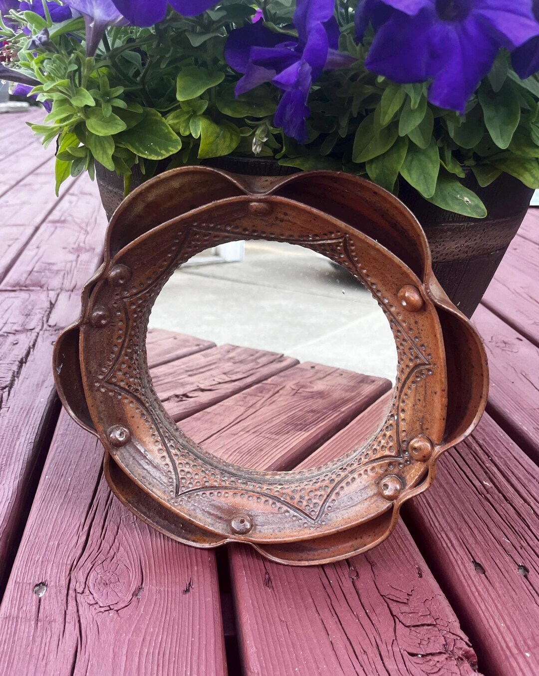 Vintage Brown Ceramic Round Accent Mirror, Vintage Brown Mirrors, Brown ...