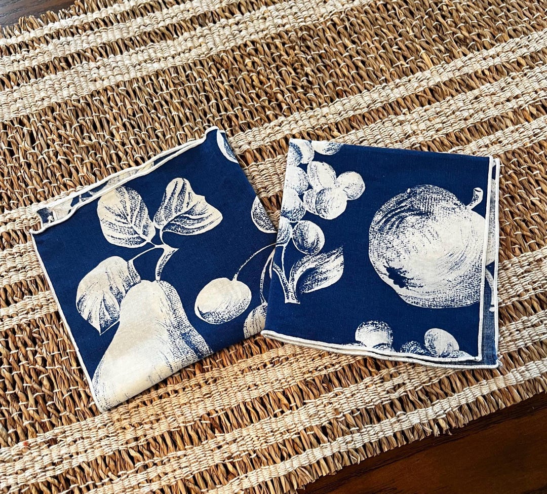 Vintage Dark Blue Fruit Hankies, Vintage Hankies, Blue Hankies, Dark ...