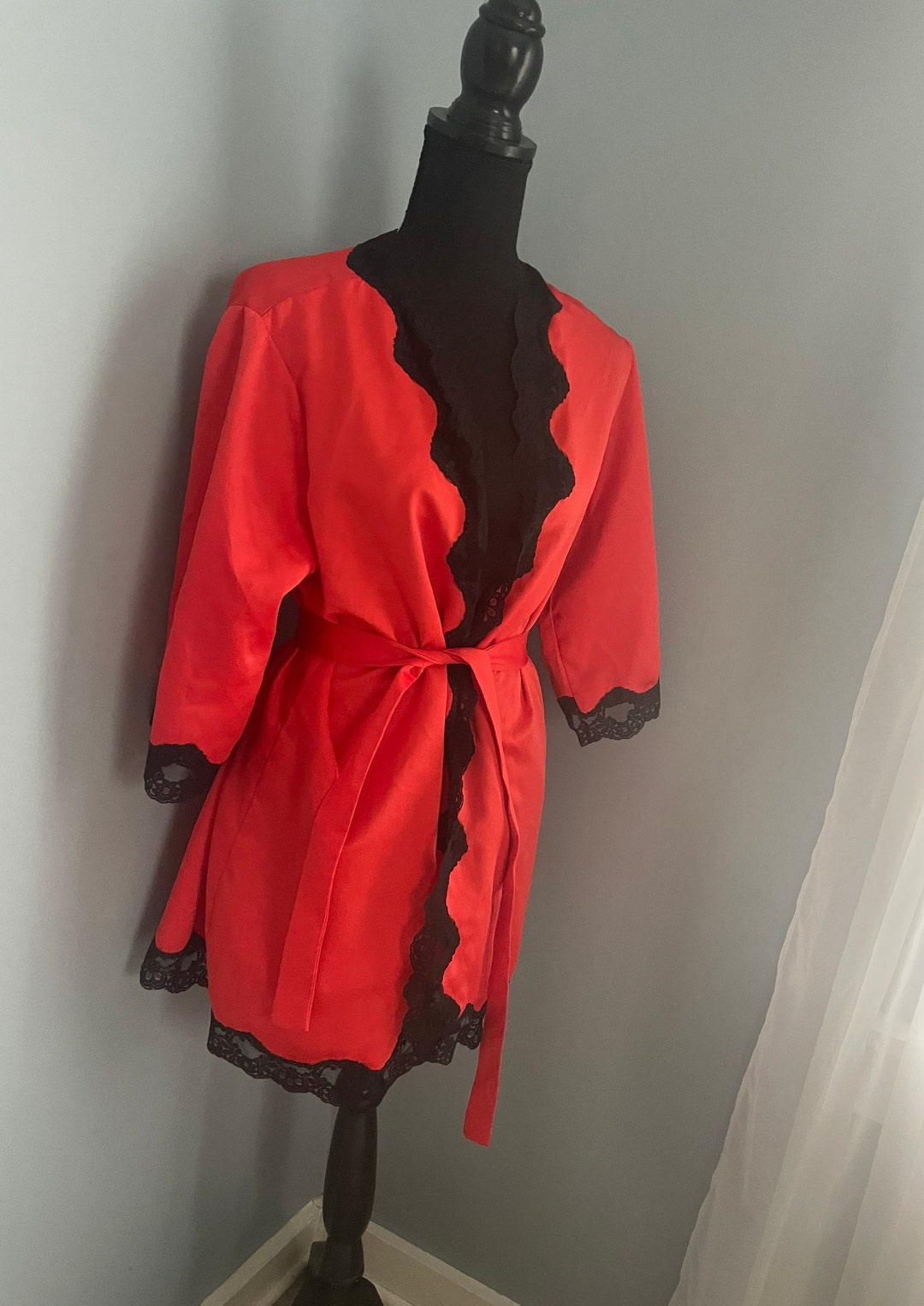 Vintage Red and Black Lace Lingerie Robe, Vintage Black Robes, Vintage ...