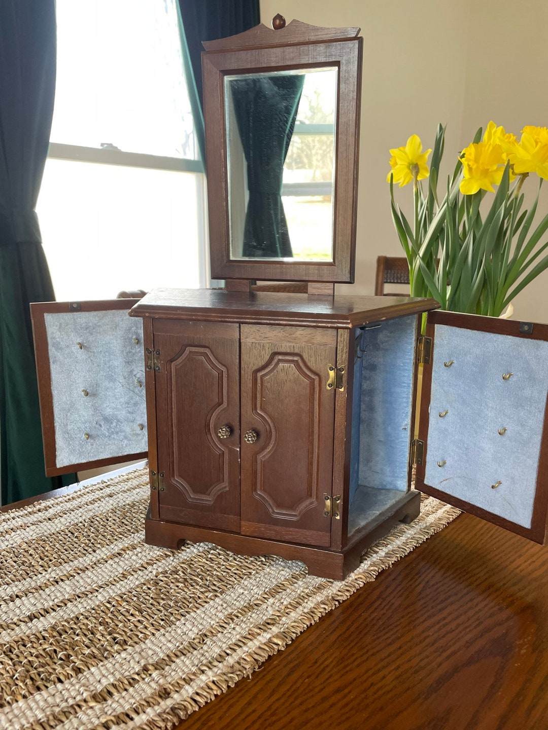 Vintage Large Wood Jewelry Box With Mirror, Music Jewelry Box, Blue ...