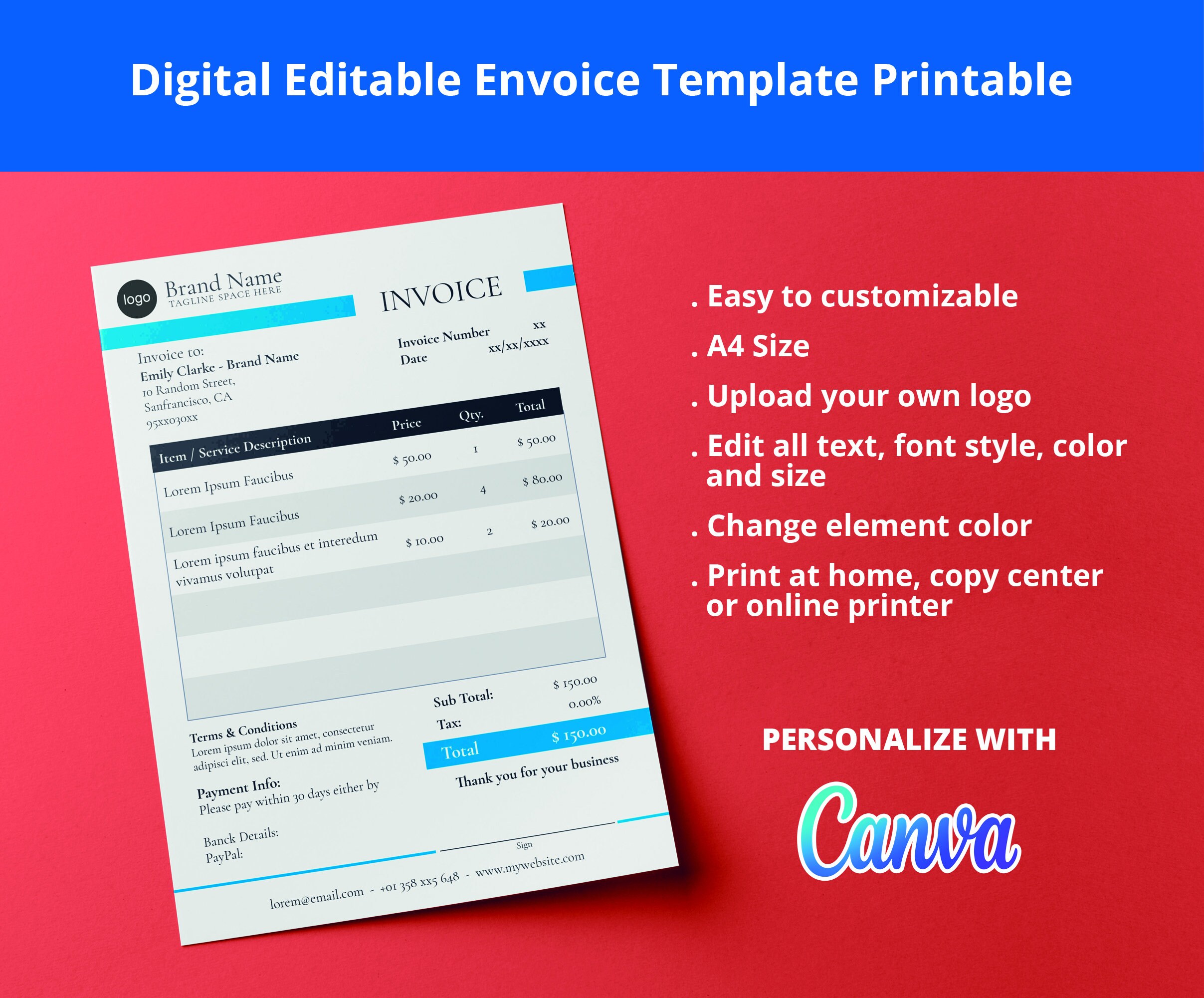 Invoice Editable Template Printable Invoice Digital Invoice | Etsy