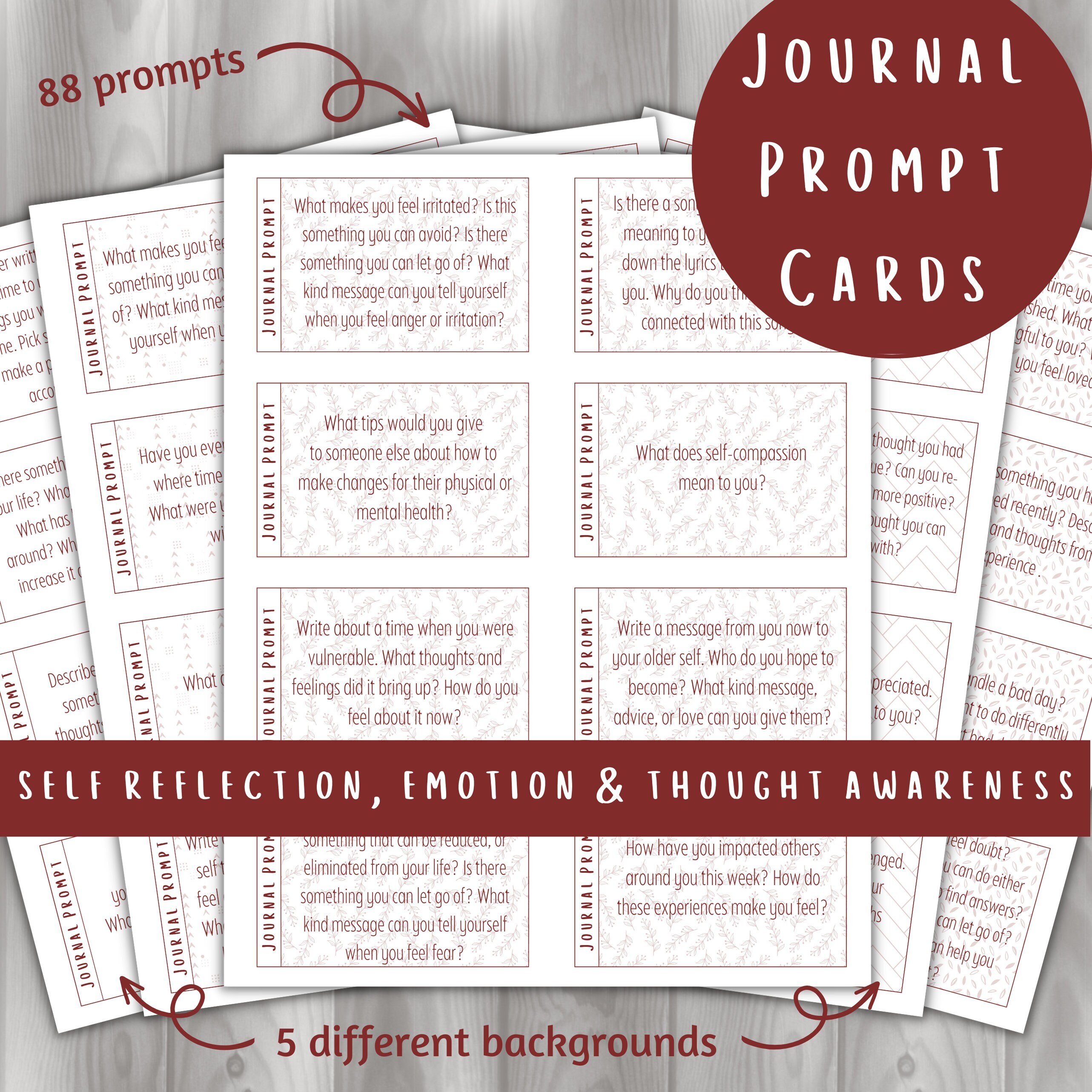 Journal Prompts Self Reflection Cards Red - Etsy