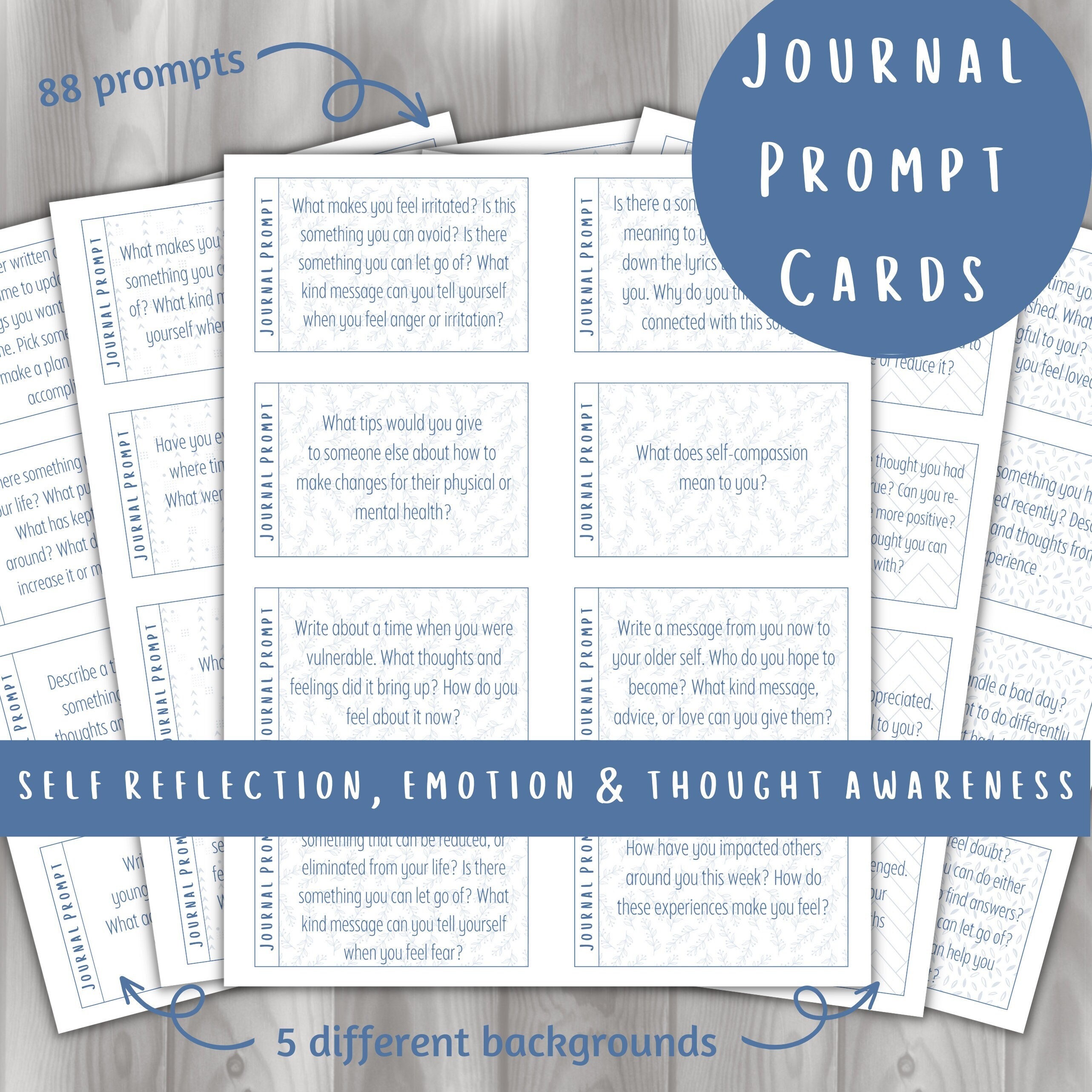 Journal Prompts - Self Reflection Cards - Blue - Etsy