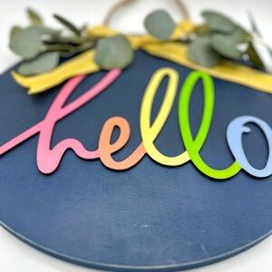 Rainbow and Navy Painted Hello Wood Sign/spring Wood Door Hanger/pride ...