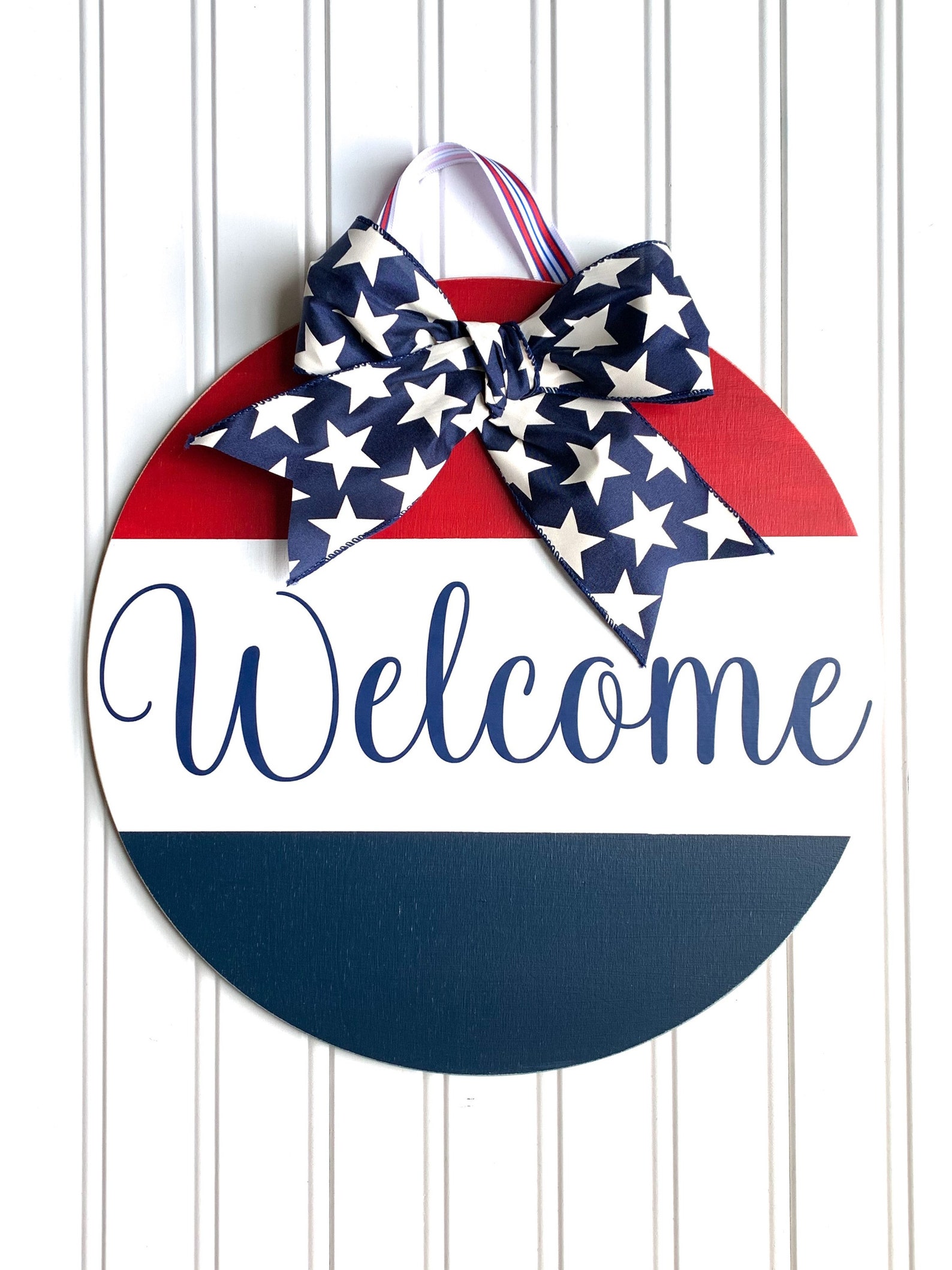 Patriotic Navy Blue Wood Sign With American Flag Ribbon - Etsy
