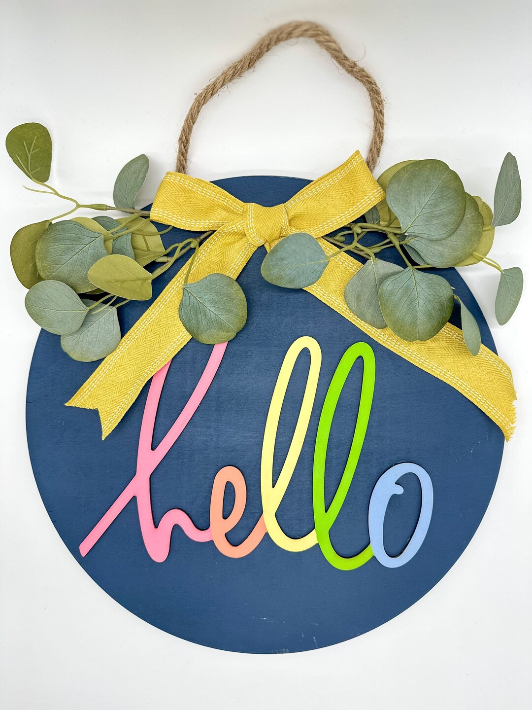 Rainbow and Navy Painted Hello Wood Sign/spring Wood Door Hanger/pride ...