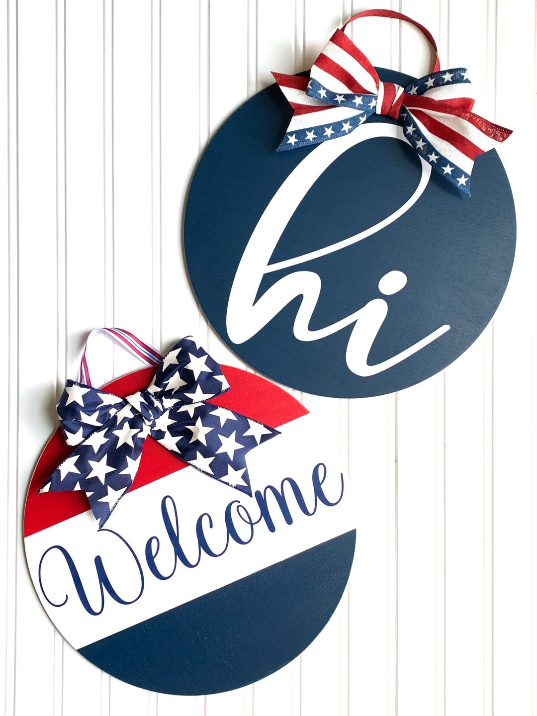 Patriotic Navy Blue Wood Sign With American Flag Ribbon Bow/welcome ...