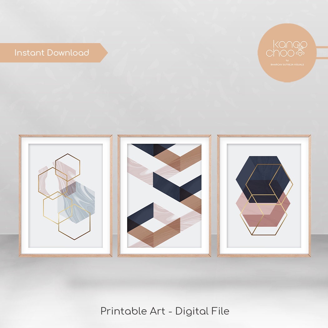 Abstract Hexagon Poster Print, Set of 3, Boho Art, Geometric Printable ...