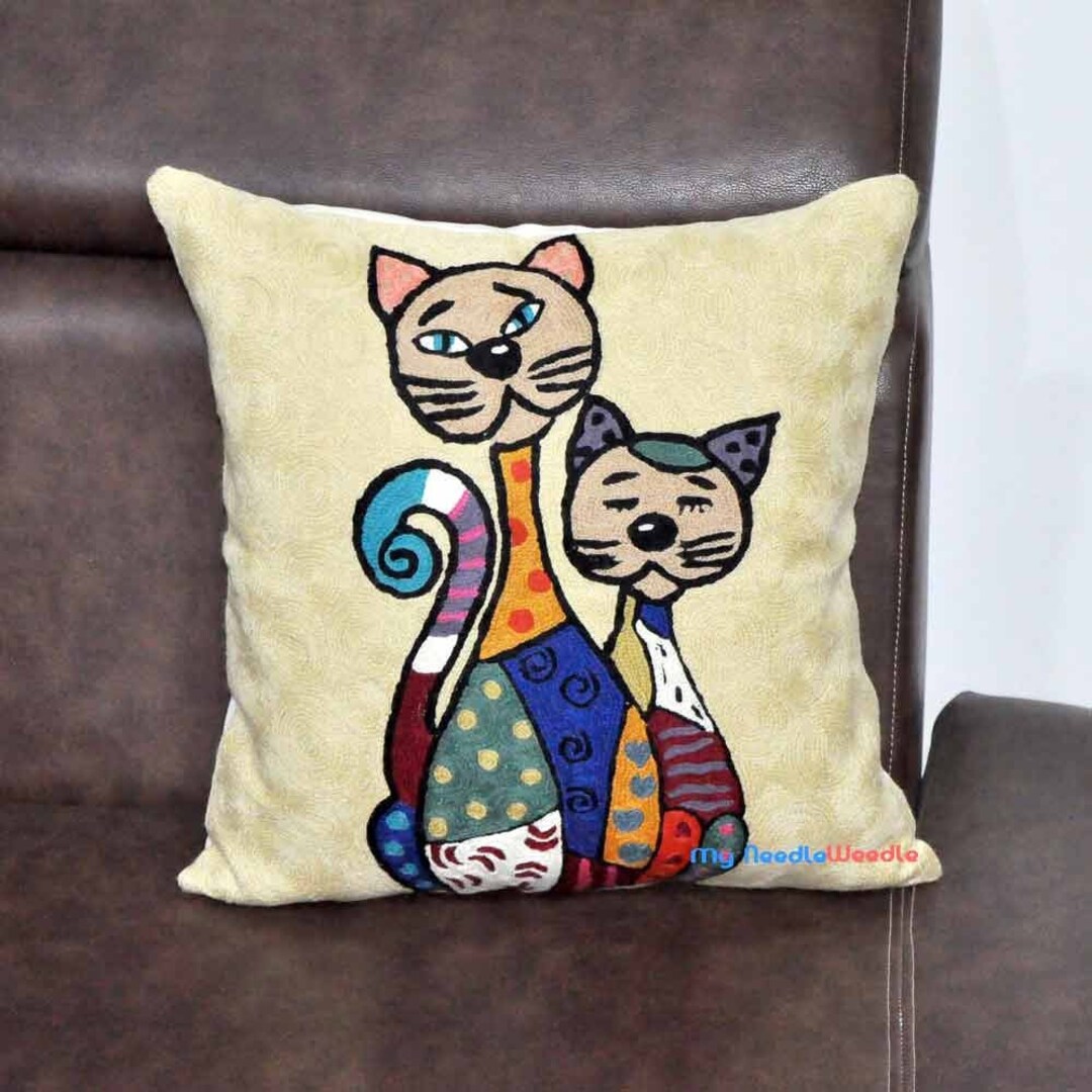 Cute Cats Embroidery Cushion Covers Pillows Case - Wool 18x18 ...