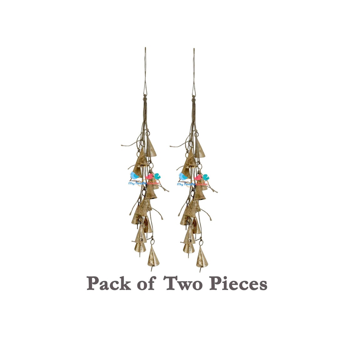 2 Rustic Cone Bells Door Hangers, Cluster Cascade of Fairy Bells, Indian Cow Bells on Jute Rope ...