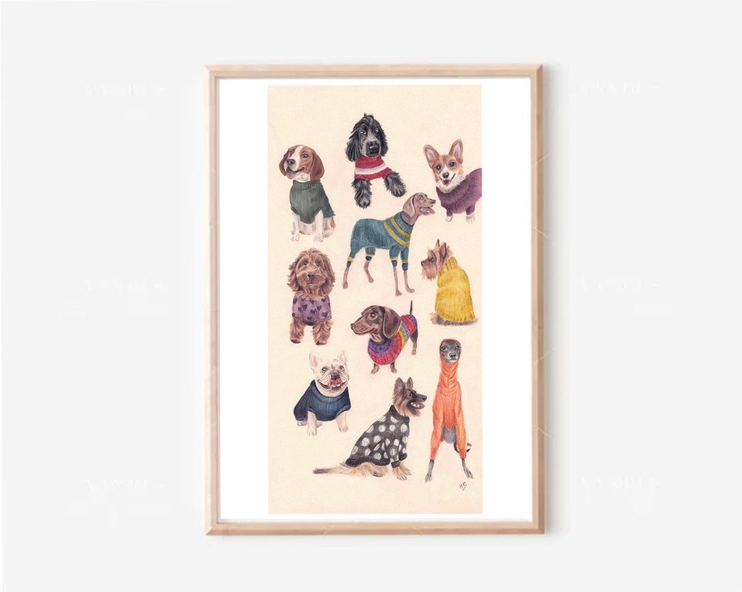Fun Dog Art Print, Dog Jumpers Art Print, Vibrant, Fun and Quirky Wall ...