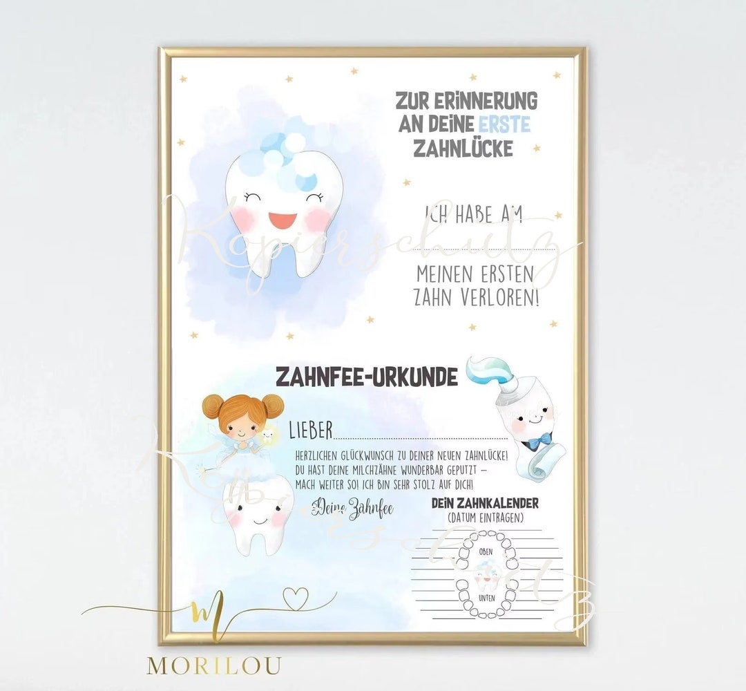 Zahnfee Urkunde für Jungs, PDF POSTER Zahnfee Urkunde blau & Erinnerung ...