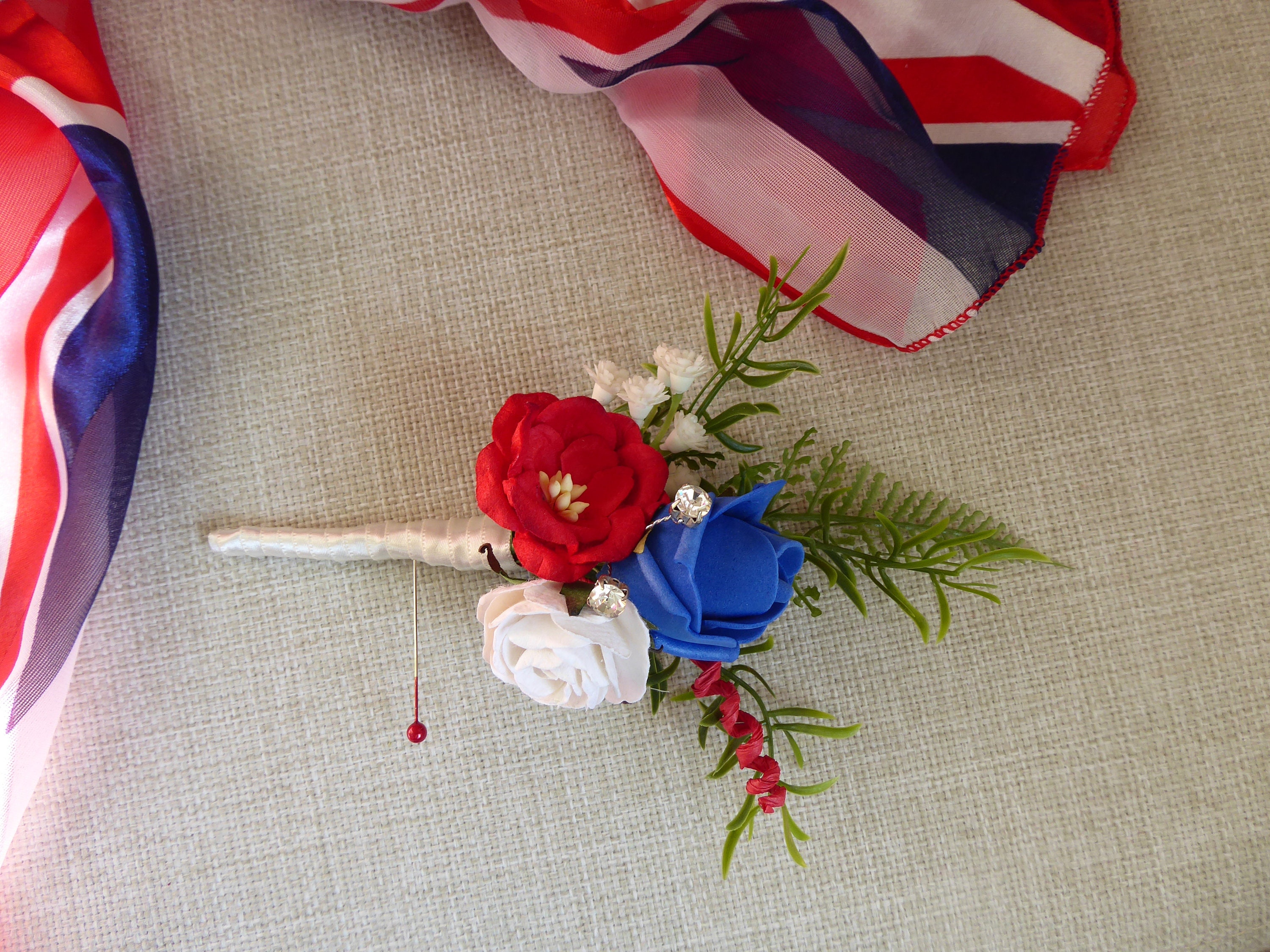 Patriotic Buttonhole, With Diamante Accessory, Blue Rose, Satin Ribbon ...