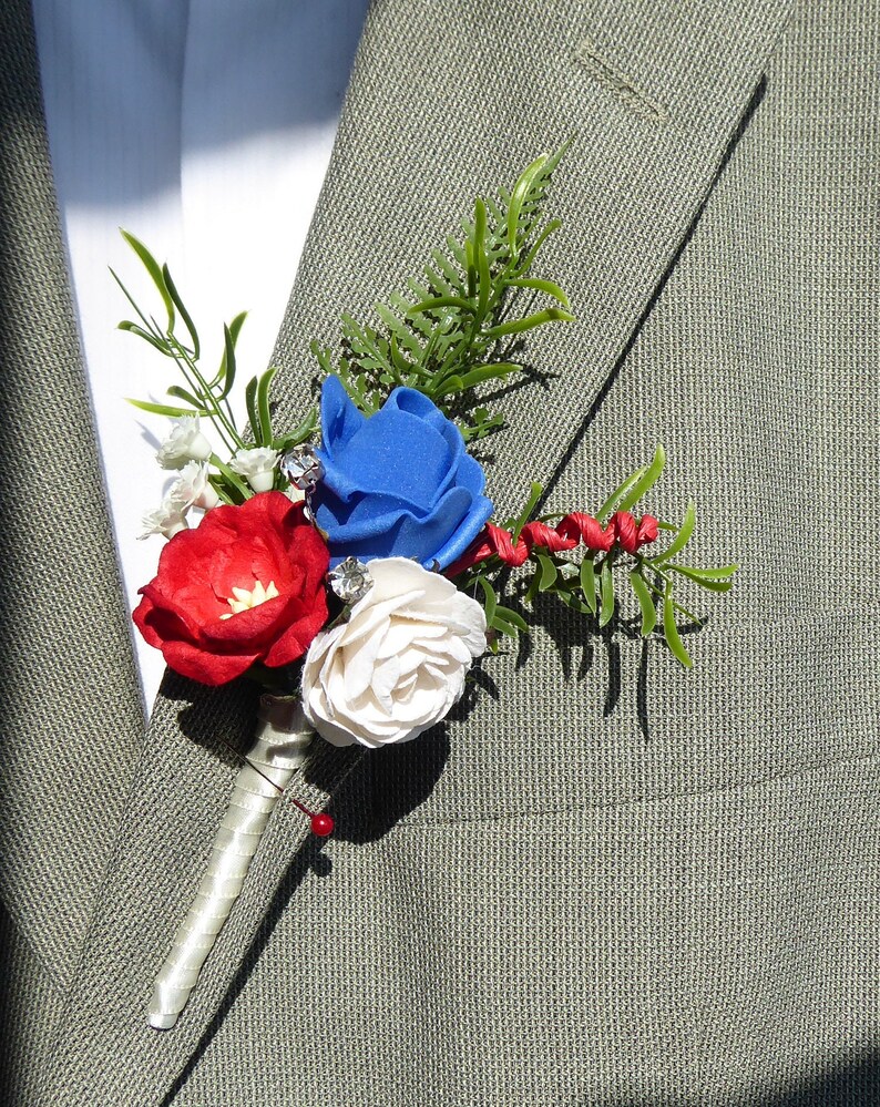 Patriotic Buttonhole, With Diamante Accessory, Blue Rose, Satin Ribbon ...