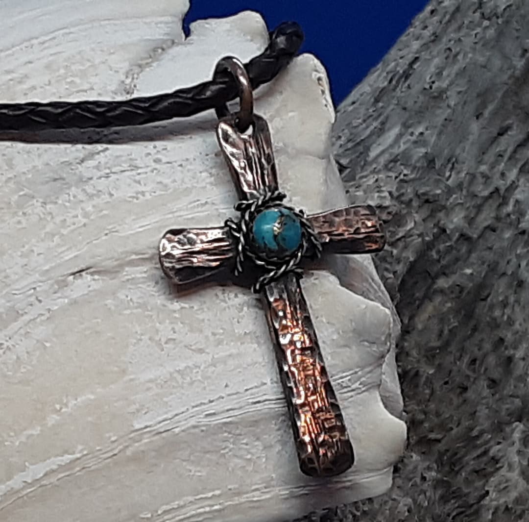 Handcrafted Copper Cross Pendant: Turquoise Sterling Silver Accent ...