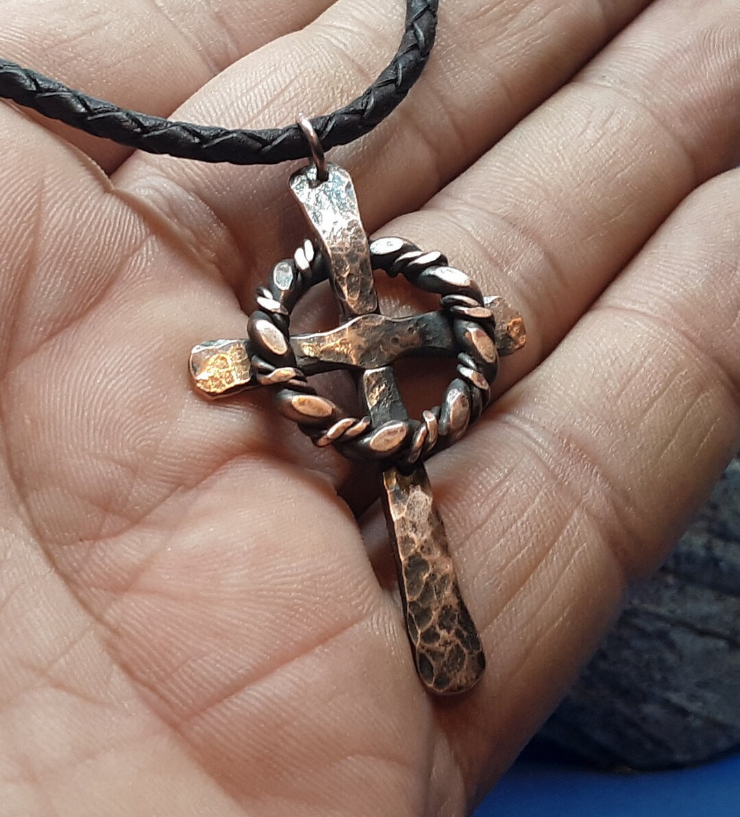 Handmade Hammered Copper Celtic Cross on Leather Cord, Antiqued Copper ...