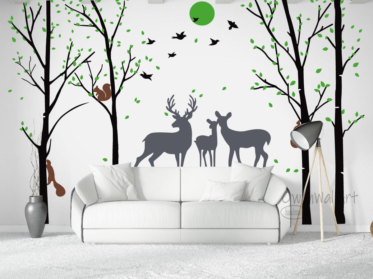 Birch Tree Wall Decal Birch Tree With Deers Wall Art Nursery - Etsy